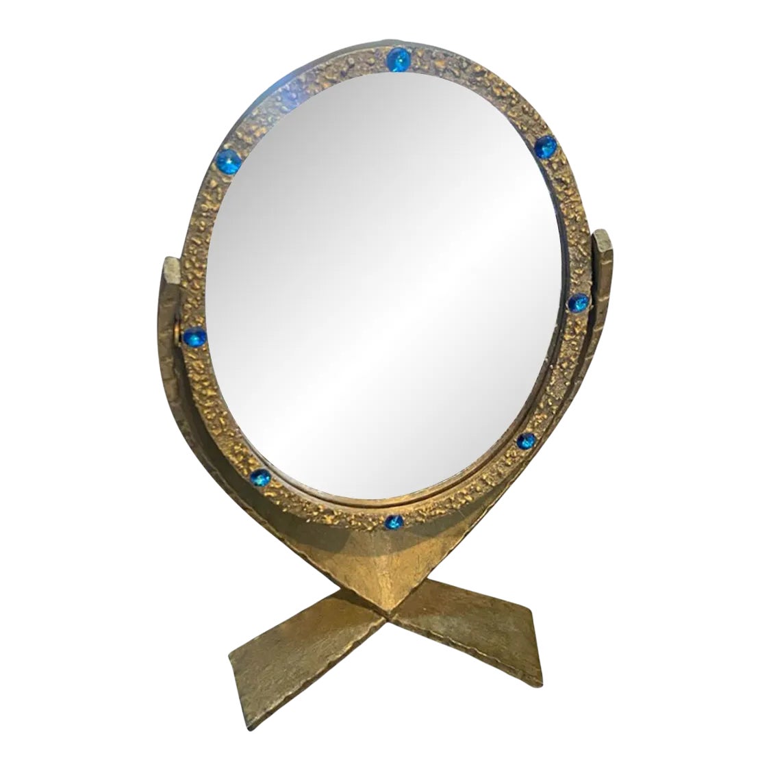 Mid Century Brutalist Gold Metal & Round Blue Crystals Oval Mirror ...
