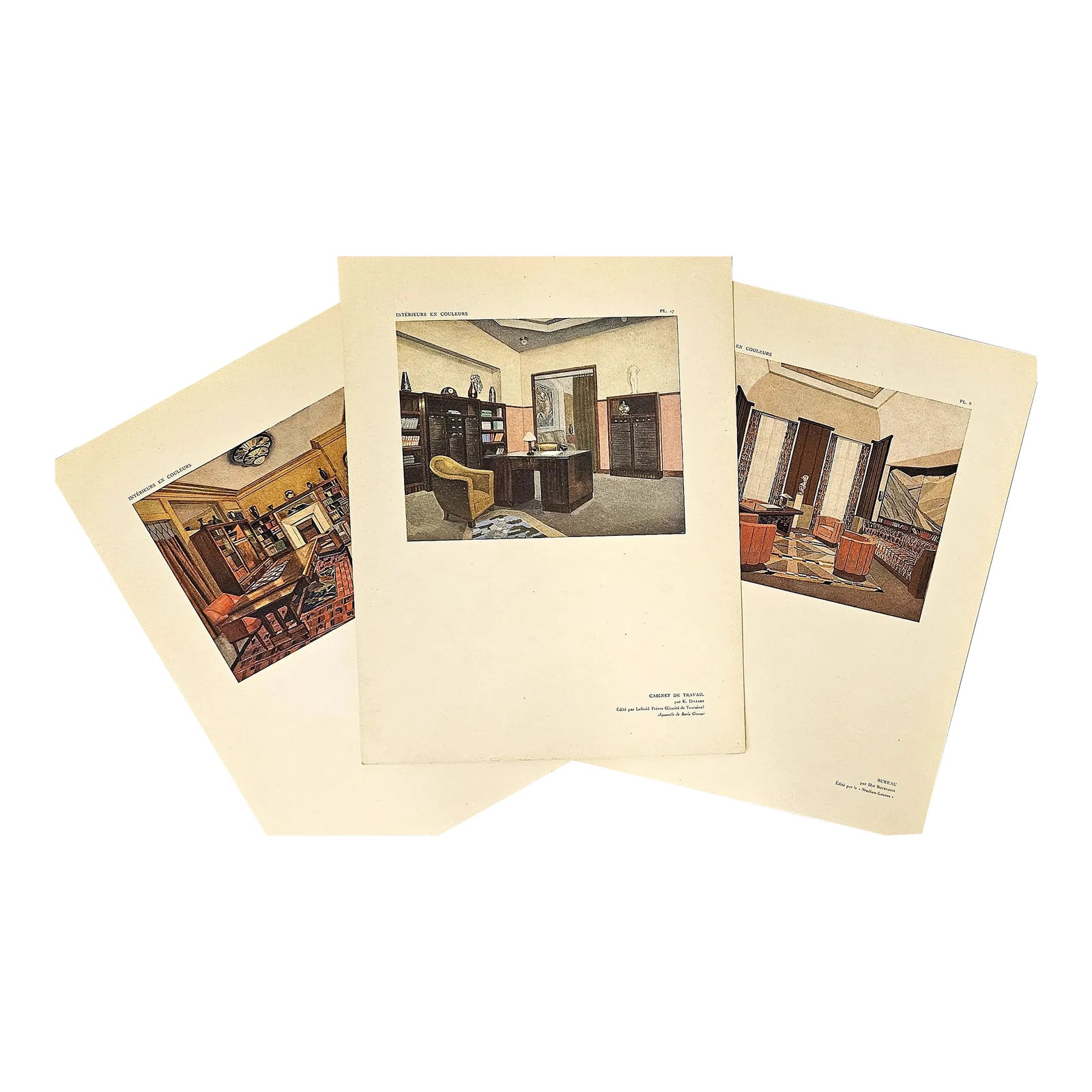 1925 Rare Set of 3-French Art Deco Interior Design Lithographs-Home ...
