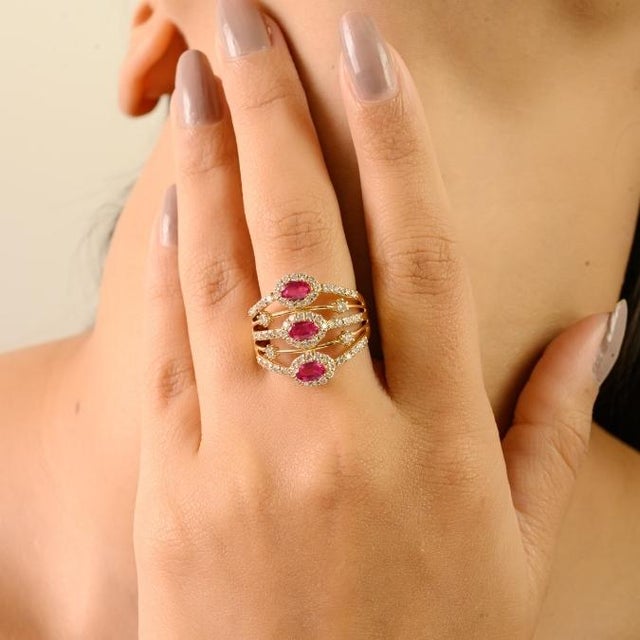 Deco-Style 1.15 Ct Three Stone Ruby Diamond Five Row Wide Band Ring ...