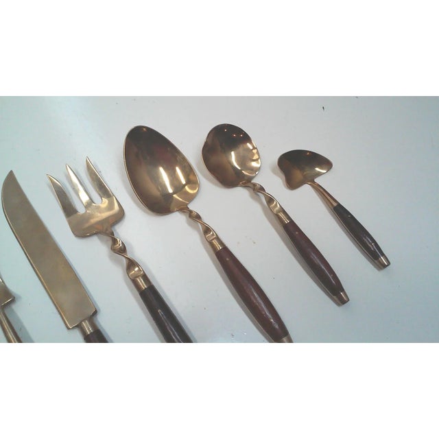 Rosewood and Bronze Flatware and Serving Pieces Set | Chairish