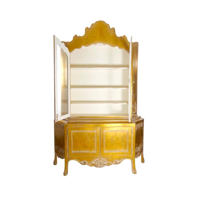 Hand Carved Gilt Gold Painted Exterior Two Part Display Cabinet | Chairish