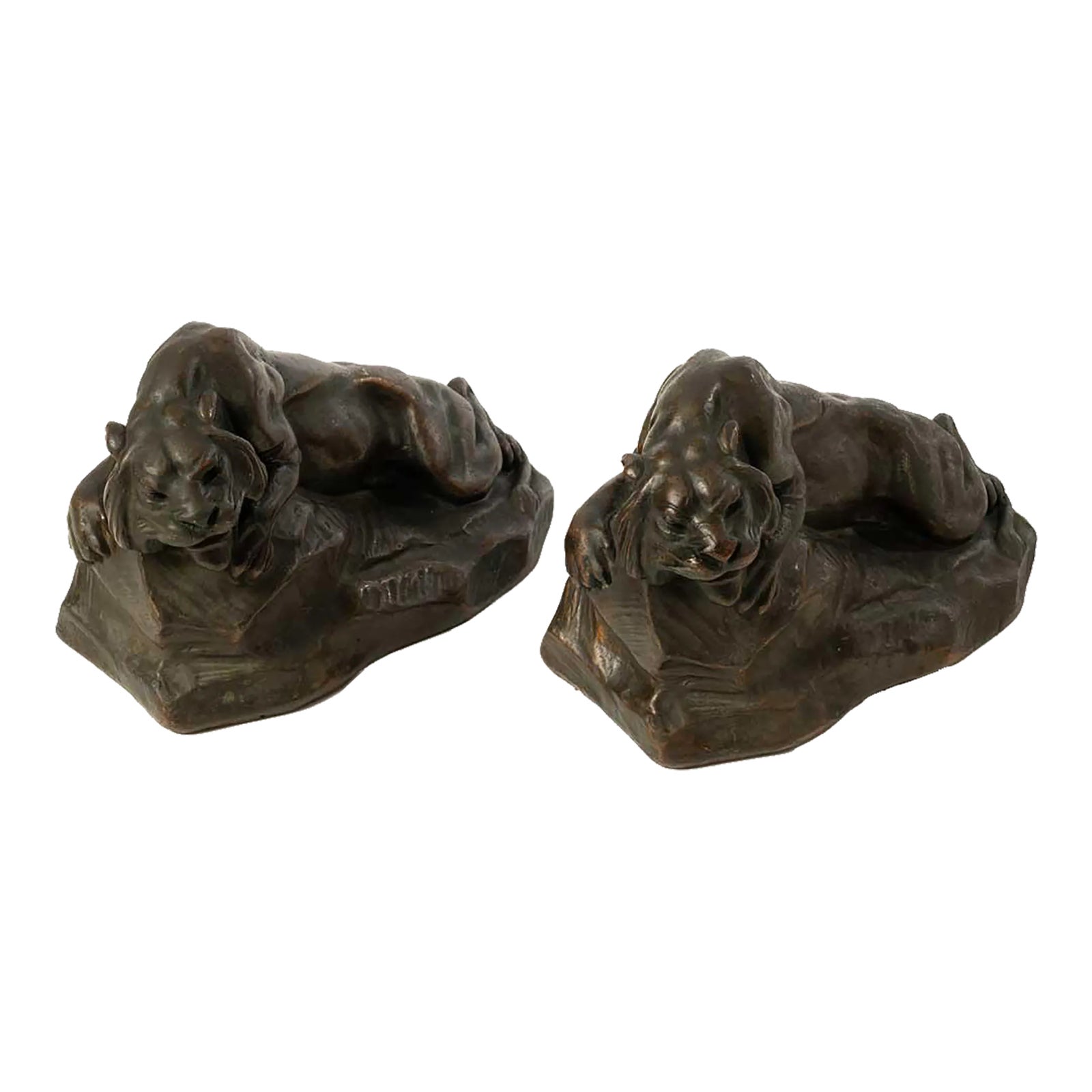 1920s Signed S. Morani Bronze Clad Tiger Bookends - 2 Pieces | Chairish