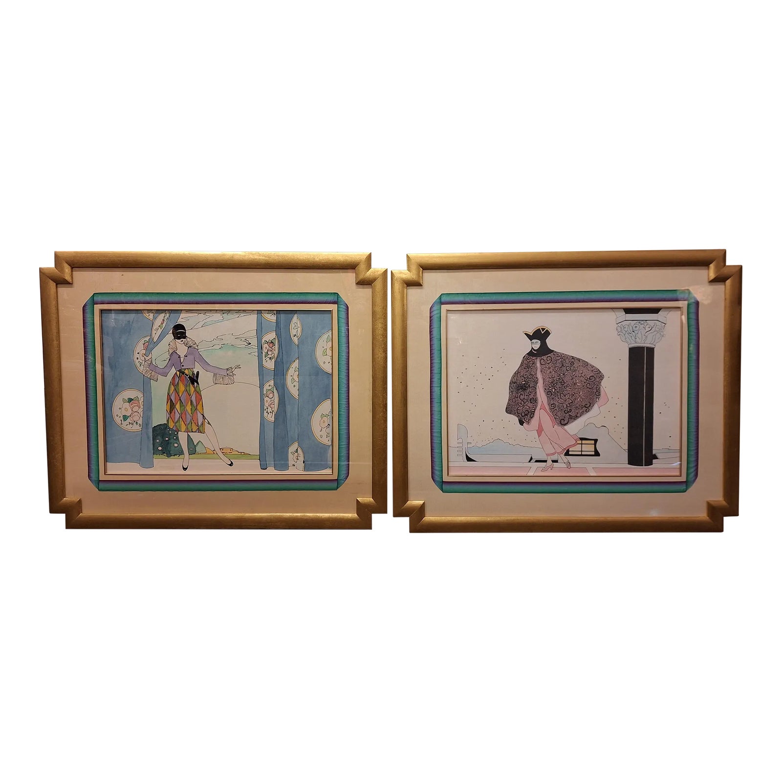 Pair Of Jay Spectre Collections Modern Art Deco Style Watercolors in ...