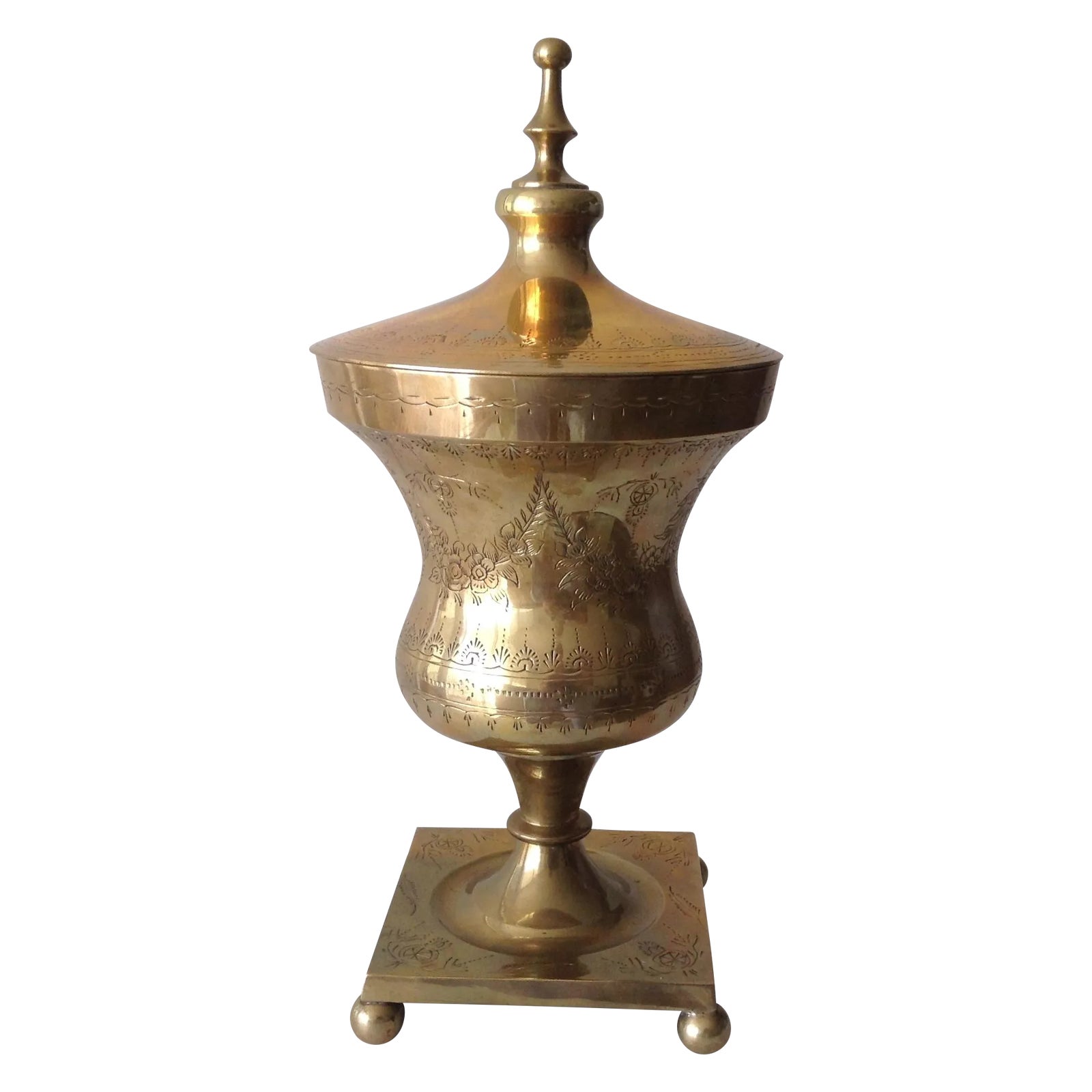 Vintage C.1960's Large Indian Etched Brass Lidded Urn | Chairish