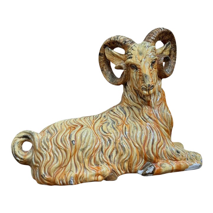 Early 20th Century Large Italian Faience Ceramic Ram | Chairish