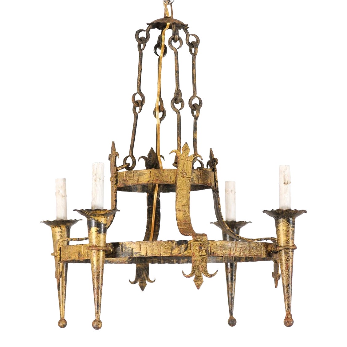 French Two-Tiered Ring Gold Iron Chandelier | Chairish