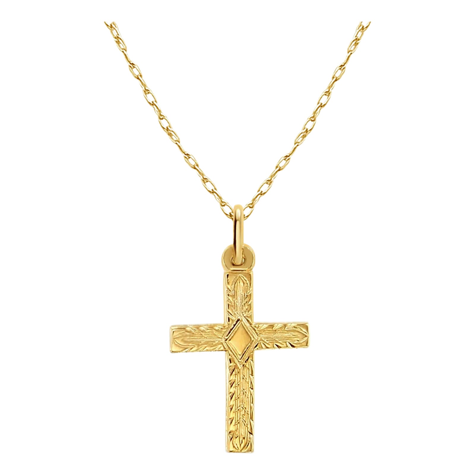 Vintage Style Cross with Diamond Design in Center 14k Yellow Gold 16 ...