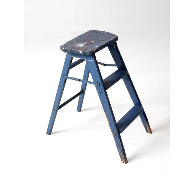 Vintage Wooden Blue Step Stool | Chairish