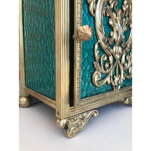 Late 19th Century Louis XVI Pair of Bronze Vitrine Nightstands with Green Glass Doors and Drawer ...