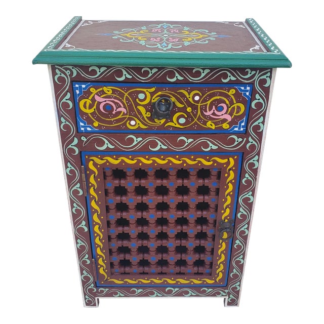 Moroccan Hand-Painted Wooden Nightstand, Musharabi Maroon | Chairish