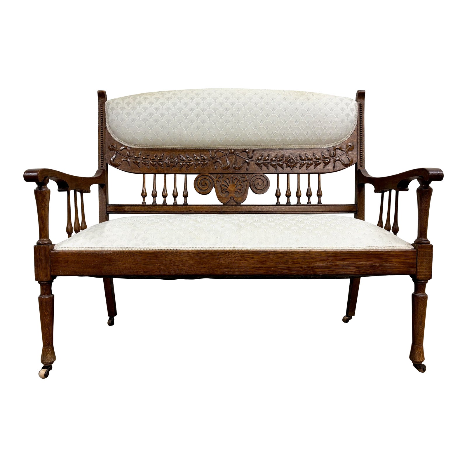 Antique Carved Spindle Back Carved Upholstered Settee | Chairish