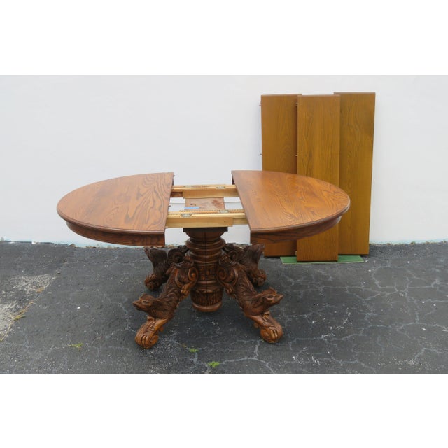 Heavy Hand Carved Hunting Dogs Oak Dinette Dining Table and 3 Leaves ...
