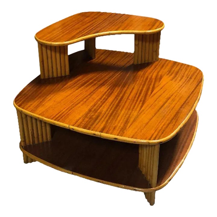 Restored Rattan 1940s Double Level Corner Table With Quatered Koa Wood ...