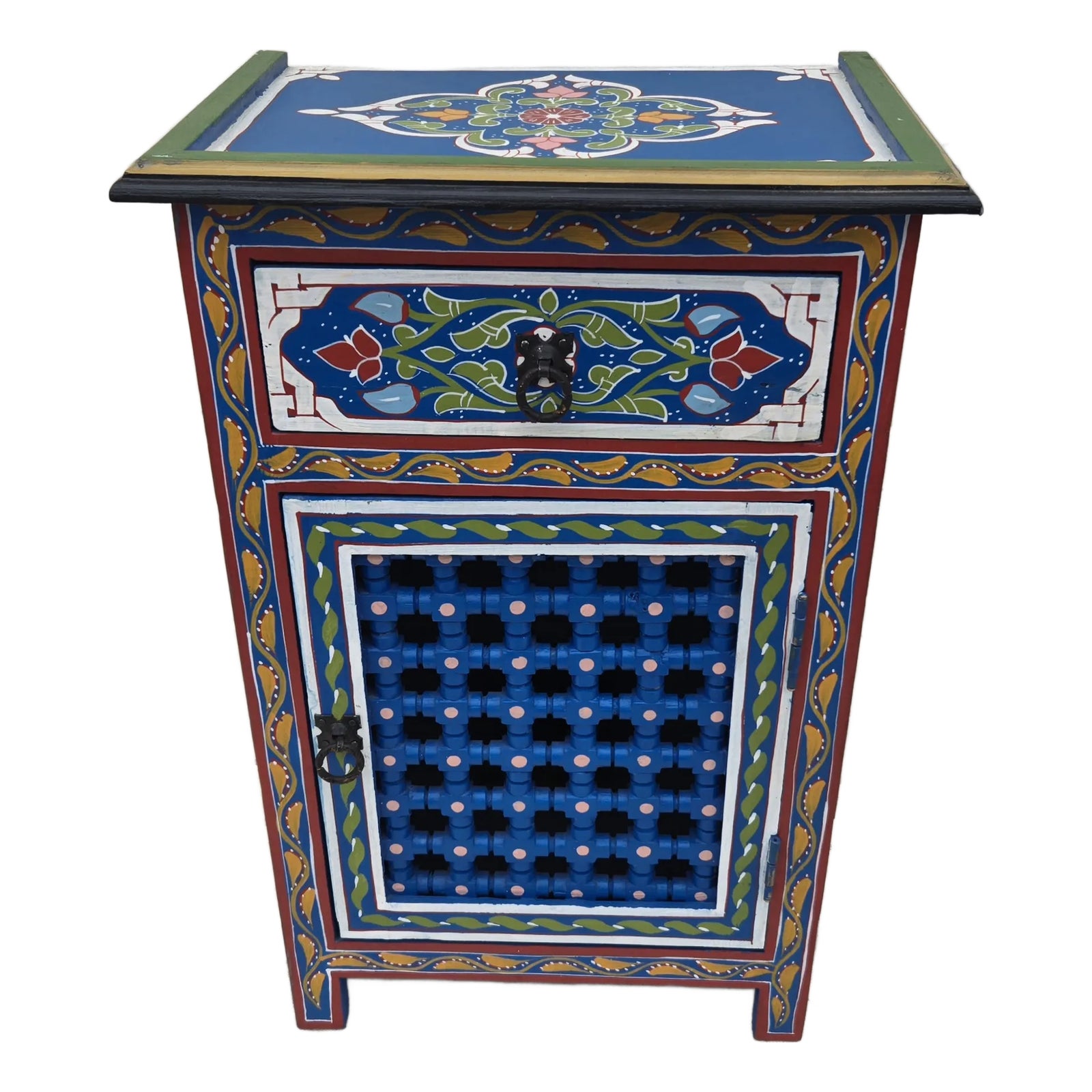 Moroccan Hand Painted Wooden Nightstand, Musharabi Blue | Chairish