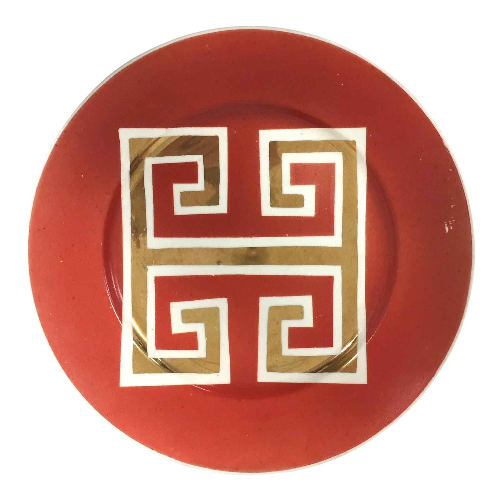 Vintage Red and Gold Greek Key Plate by Waylande Gregory | Chairish