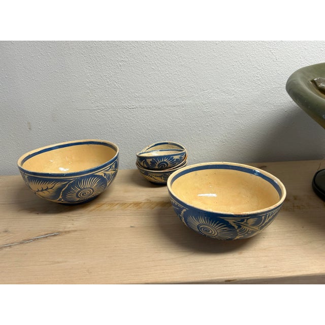 Vintage Mexican Hand Painted Blue and Almond Colored Pottery Bowls- 5 ...