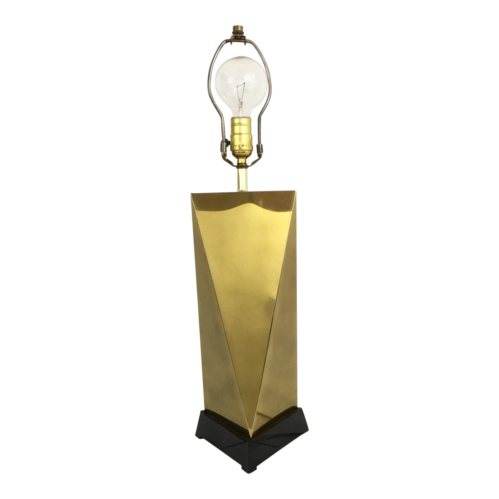 Vintage Triangular Faceted Brass Lamp on Black Base | Chairish