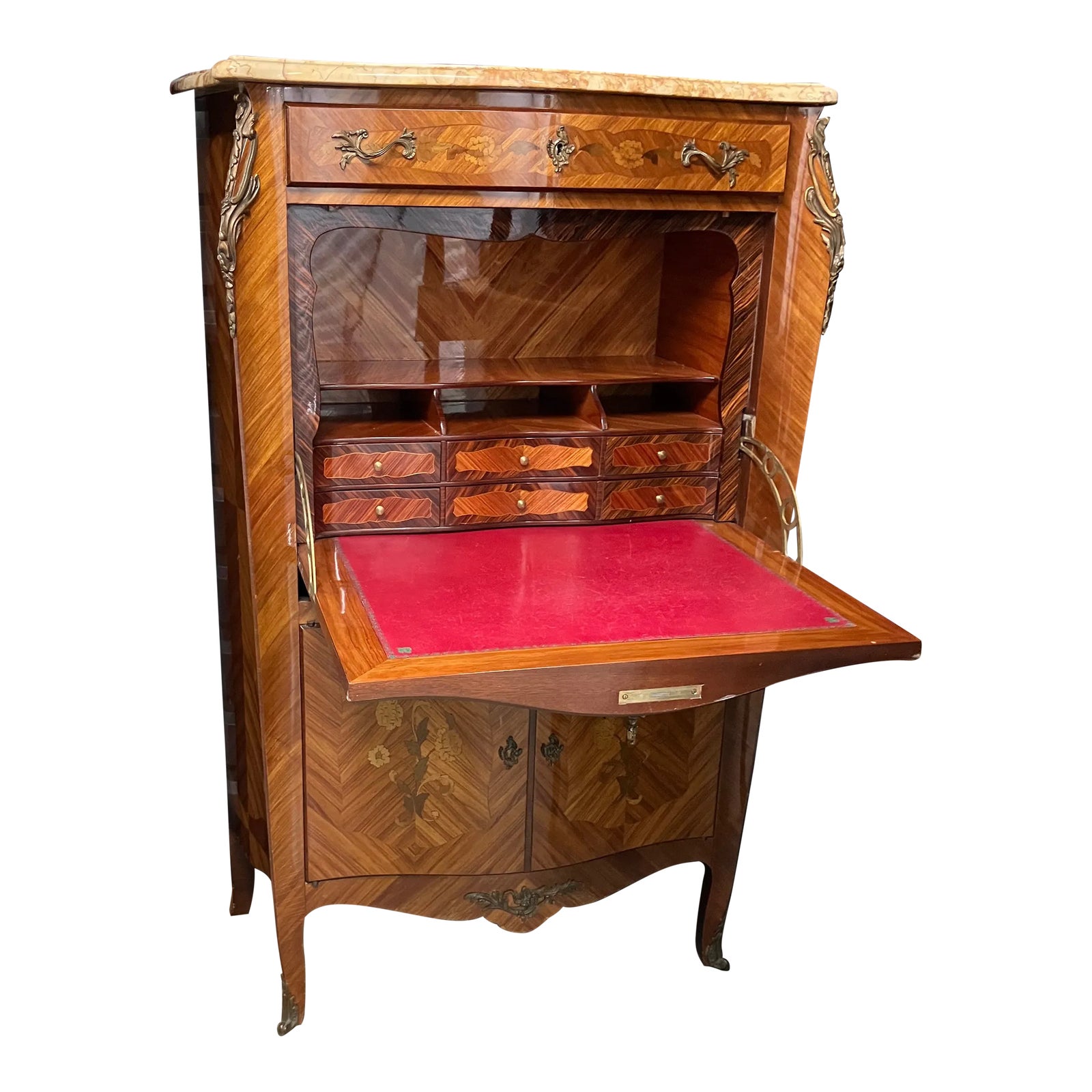 Stunning French Inlay Secretary W/Pink Leather | Chairish