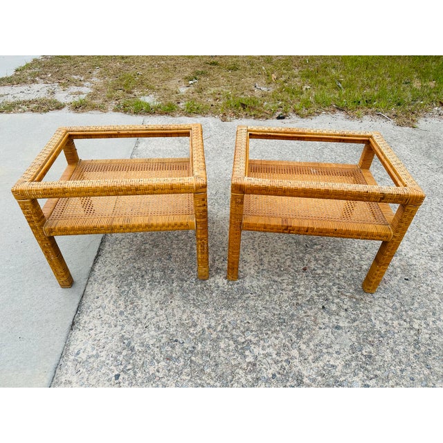 Billy Baldwin Rattan Glass Top Side Tables, a Pair | Chairish