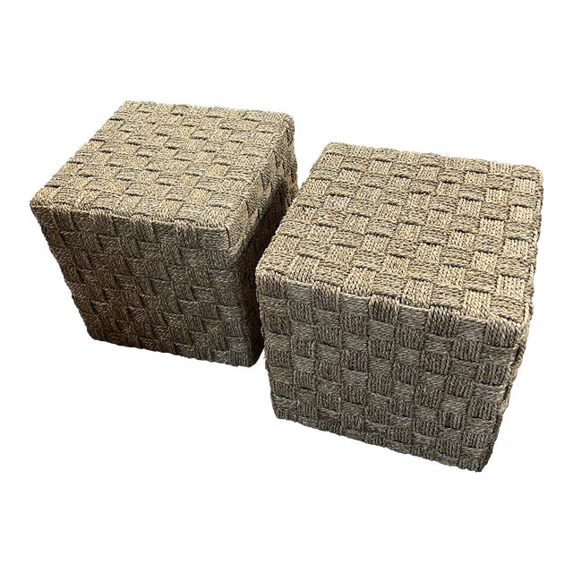 Pair of Seagrass Woven Cube Stool Poufs | Chairish