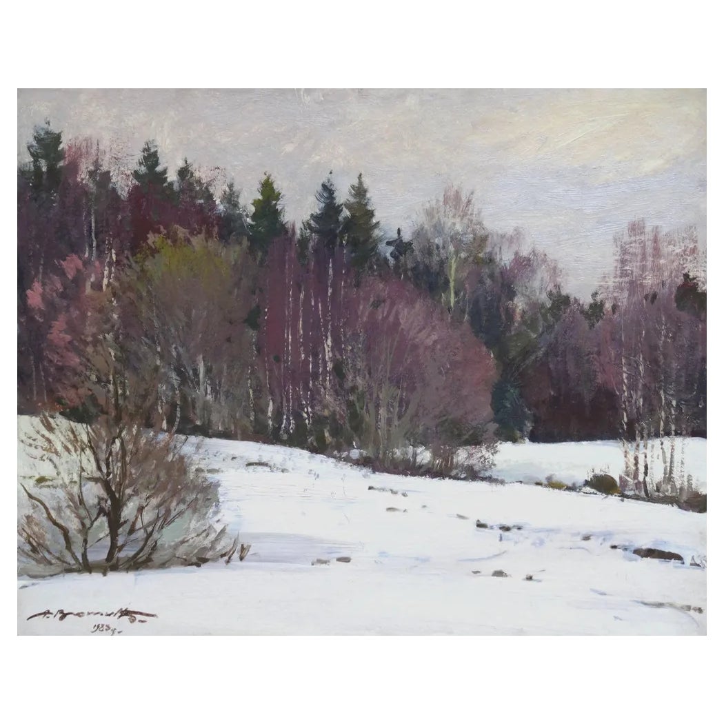 Alfejs Bromults, Forest Edge at Winter, 1983, Oil on Cardboard | Chairish