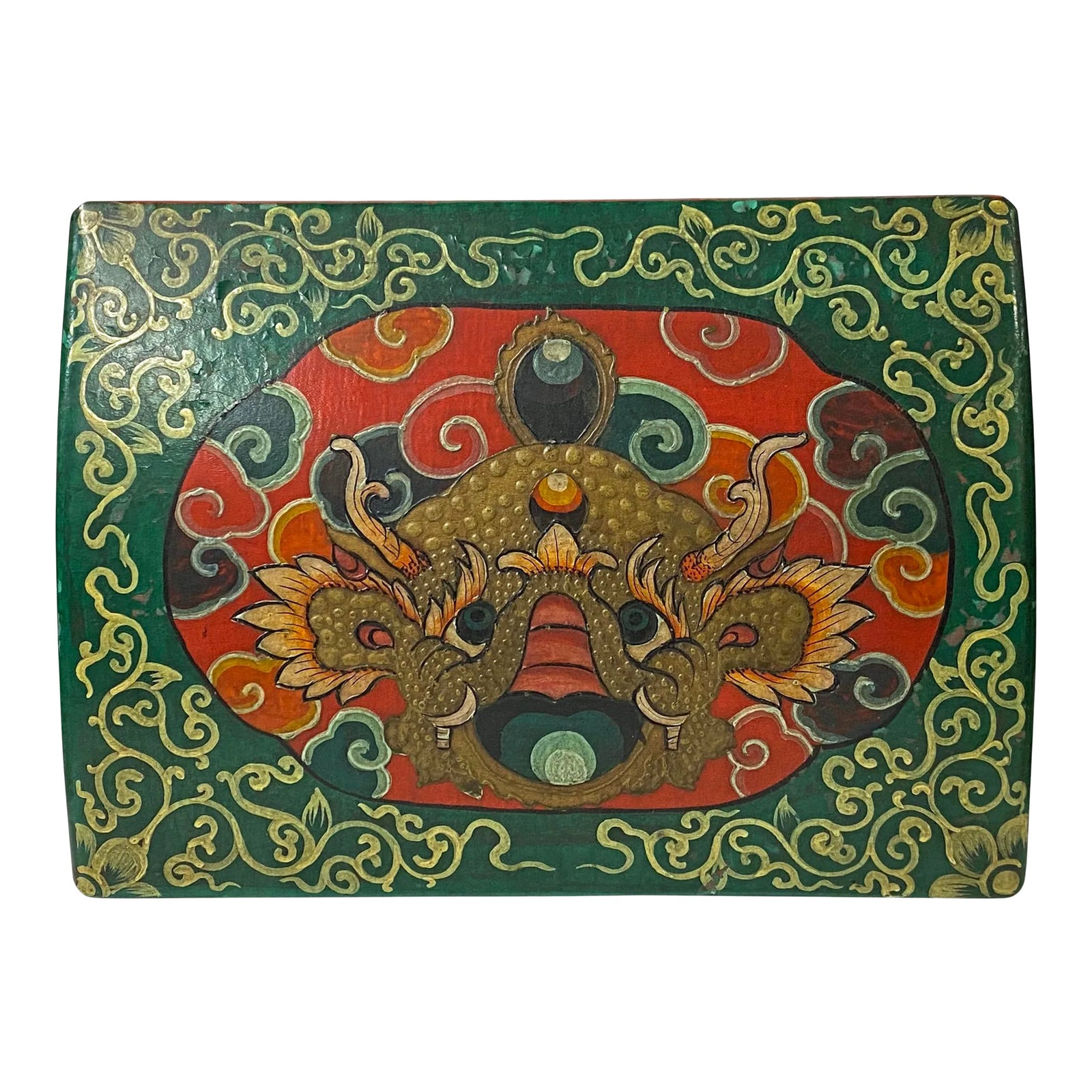 Tibetan Style Dimensional Foo Dog Head Graphic Rectangular Box | Chairish