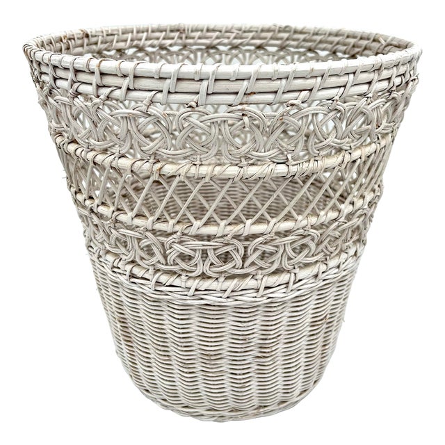 1970s White Wicker Trash Can Waste Basket | Chairish