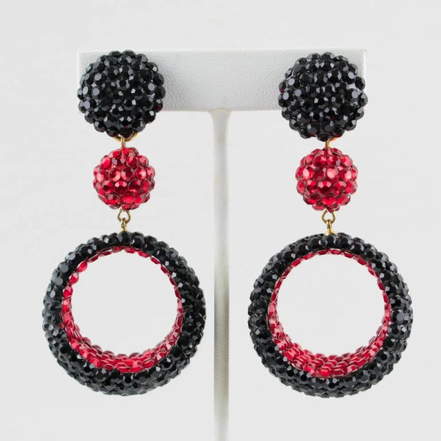 Richard Kerr Dangle Red and Black Crystal Jeweled Clip Earrings | Chairish