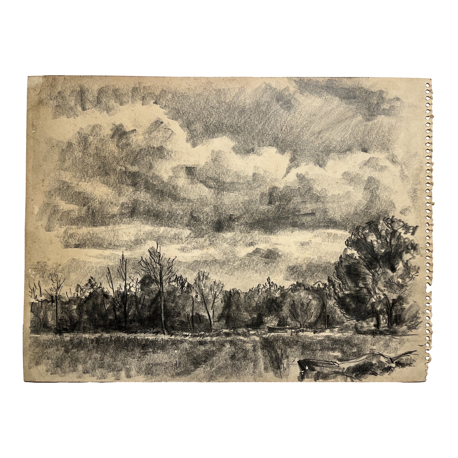 1940s Charcoal and Pencil Country Landscape Drawing | Chairish