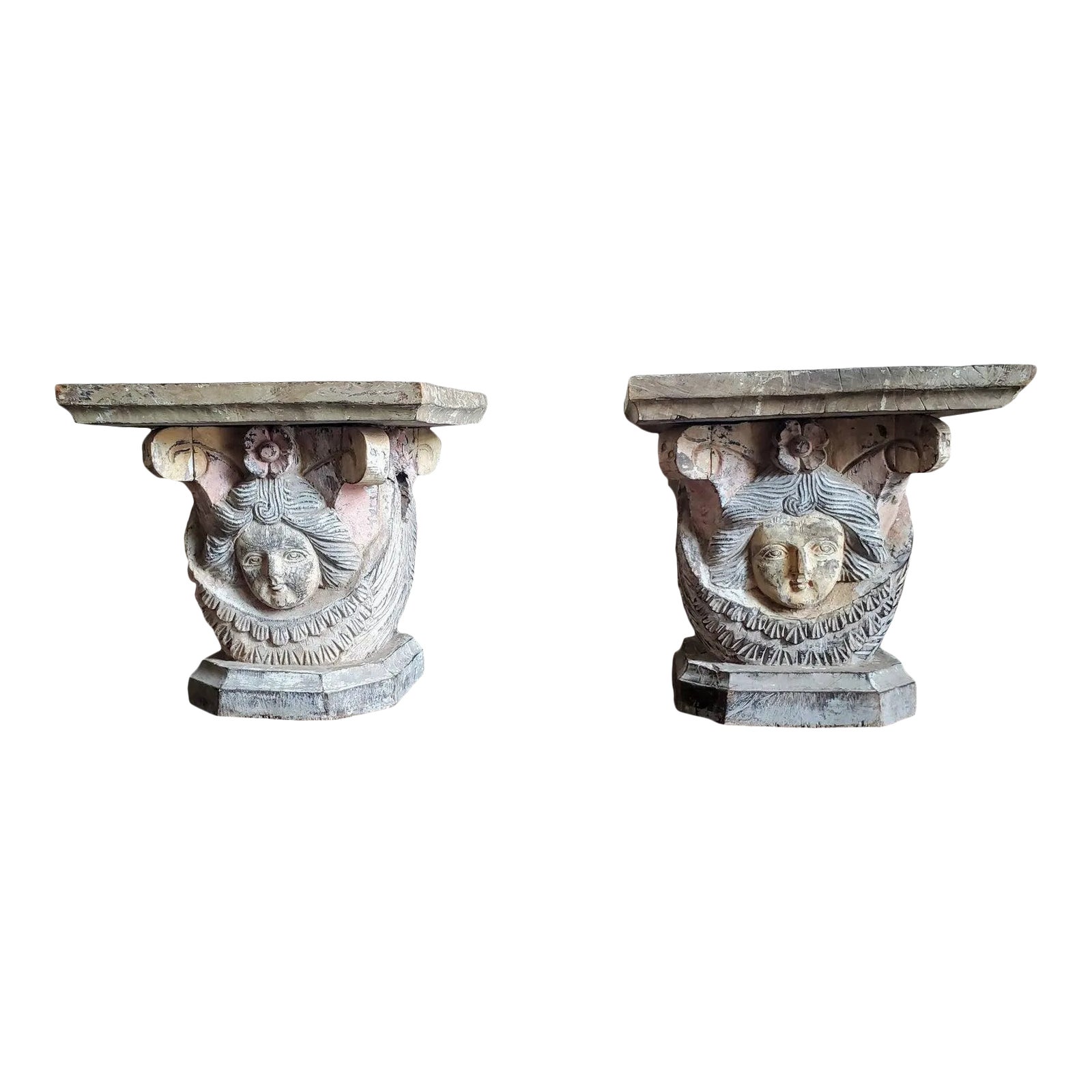 19th Century Baroque Architectural Carved & Painted Capital Pedestal ...