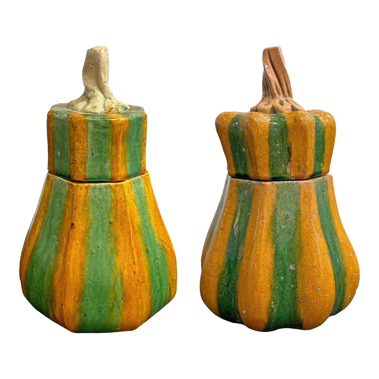 Pair of Vintage French Hand-Built Ceramic Gourd Jars | Chairish