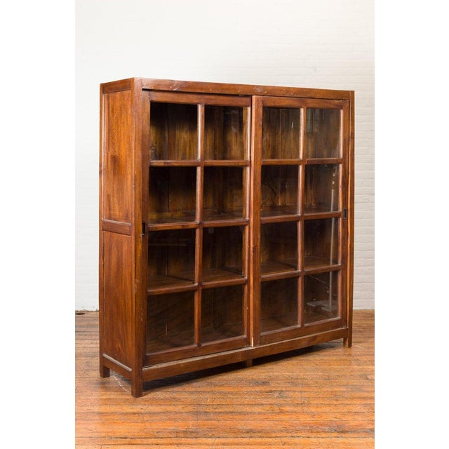 1940s Vintage Javanese Brown Wood Bookcase with Sliding Paneled Glass ...