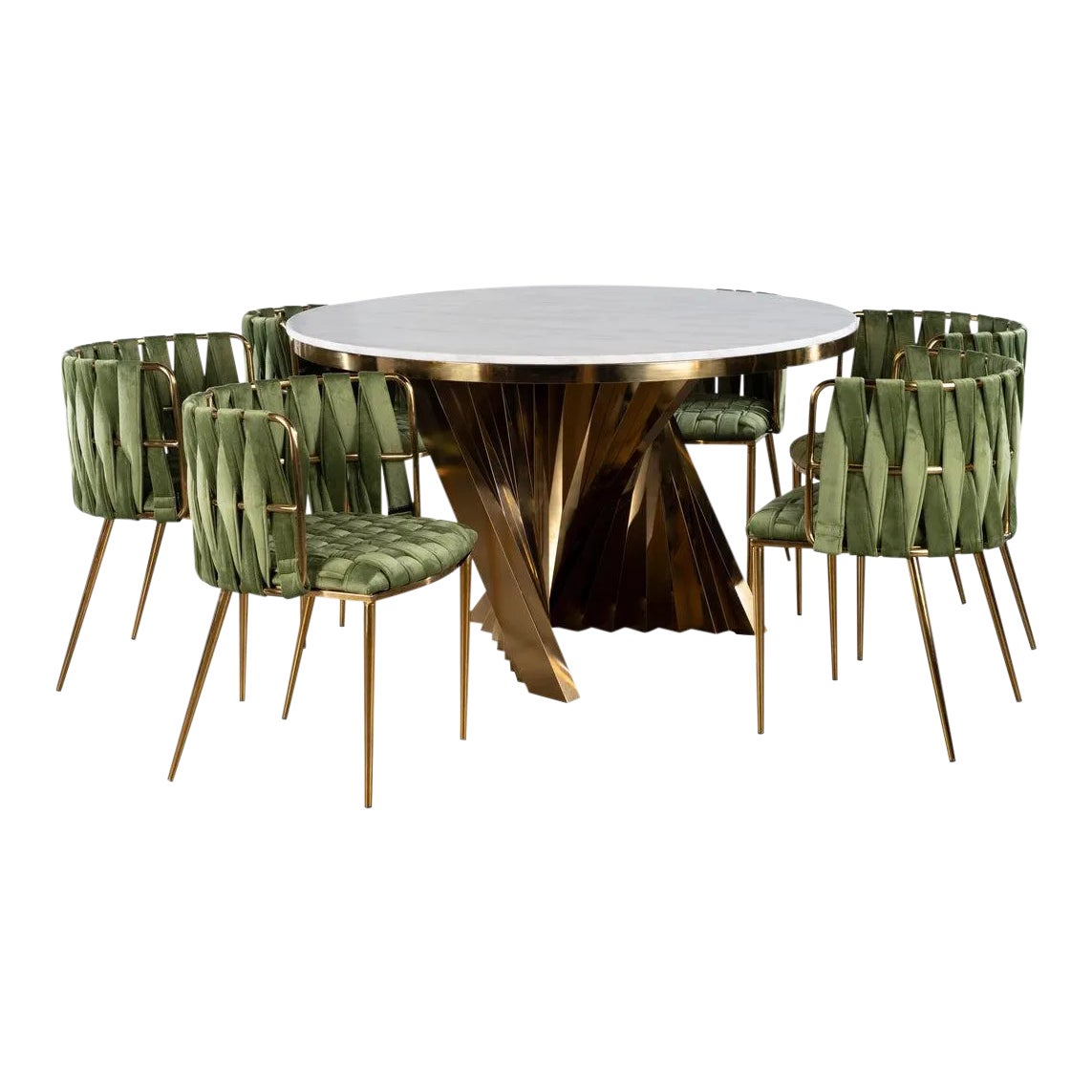 Waterfall Dining Set With Marble Top & Green & Gold Chairs - Set of 7 ...