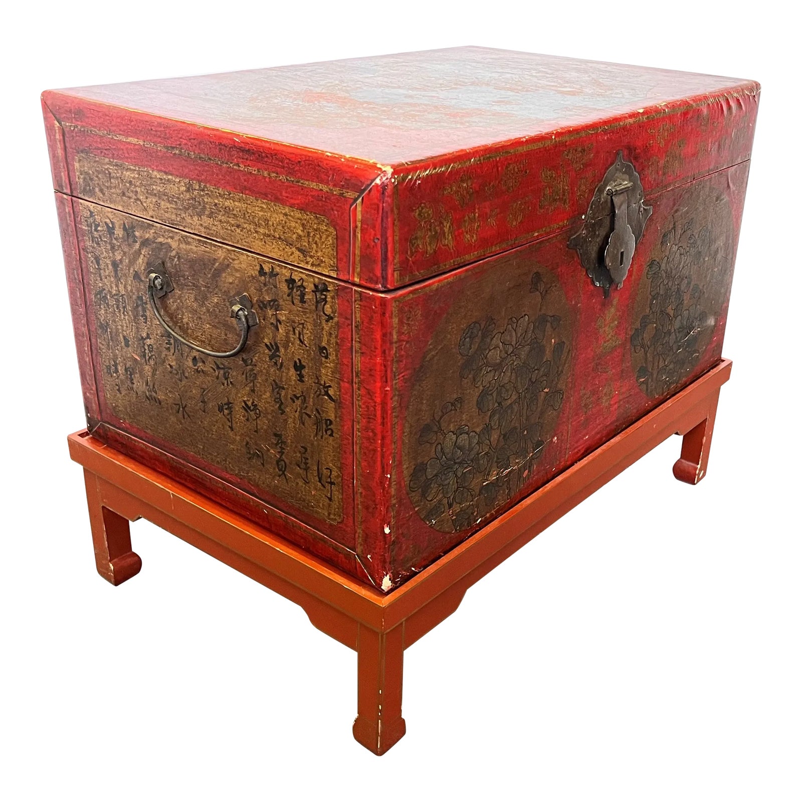 Vintage Hand Painted Chinese Red Trunk on Stand | Chairish