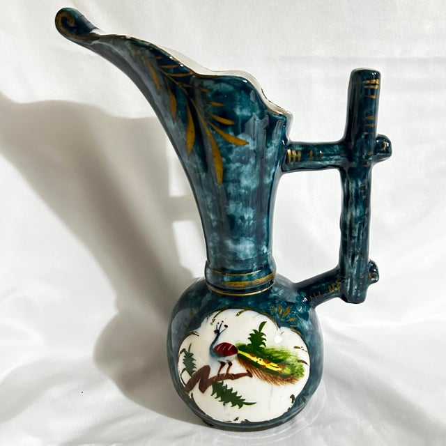 Vintage 20th Century Hand Painted Henri Bequet Peacock Pitcher | Chairish