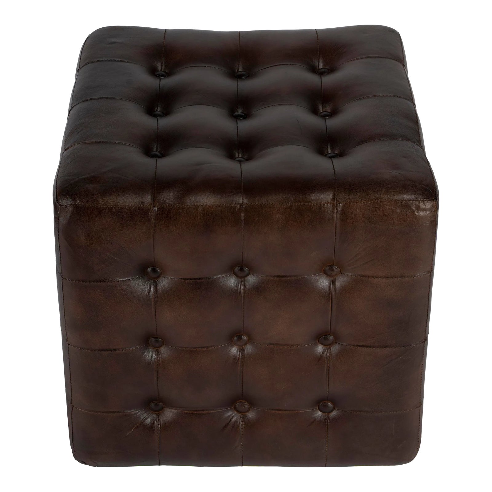 Leon Button Tufted Leather Ottoman, Dark Brown | Chairish