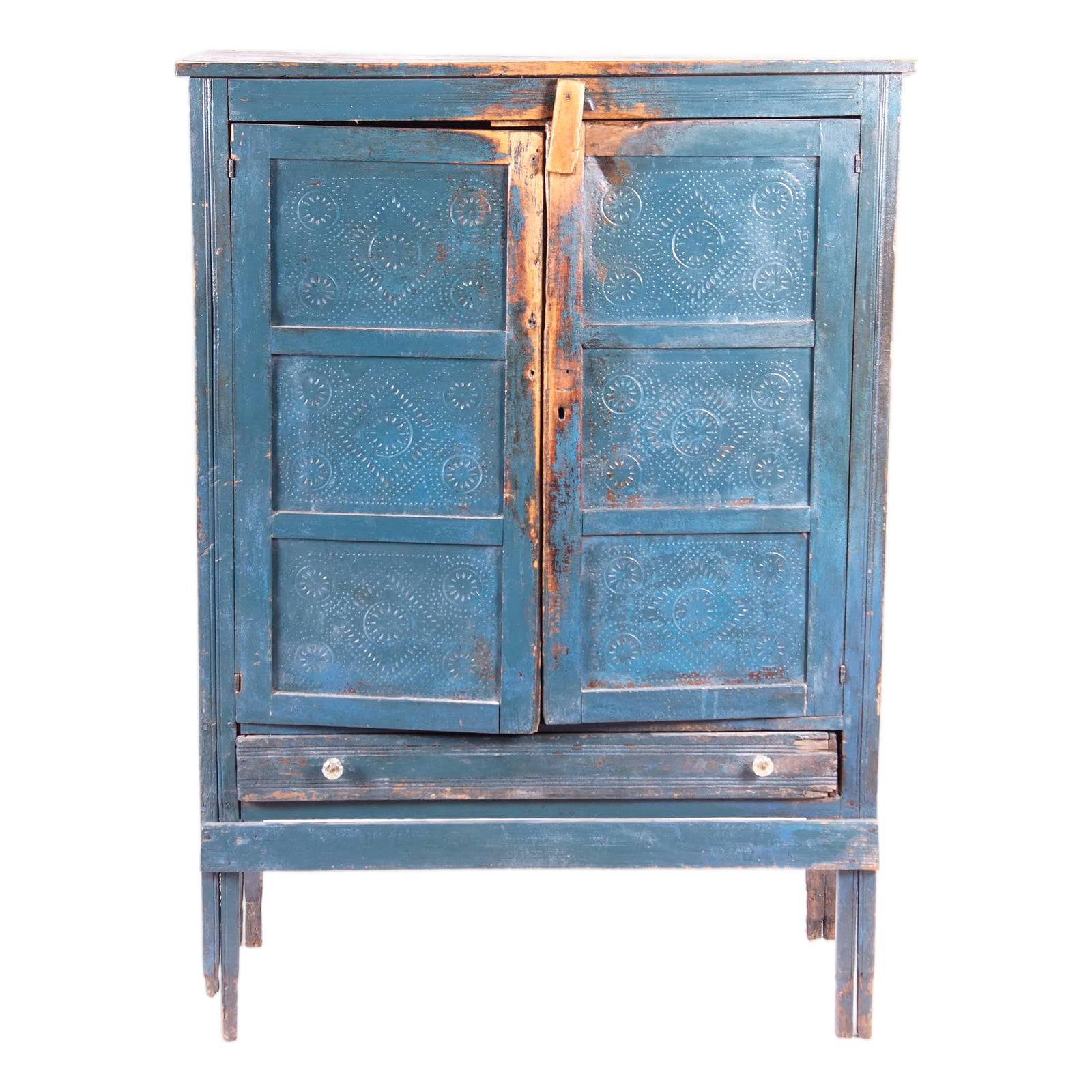 Antique Blue Painted Distressed Pie Safe Tall Cupboard | Chairish
