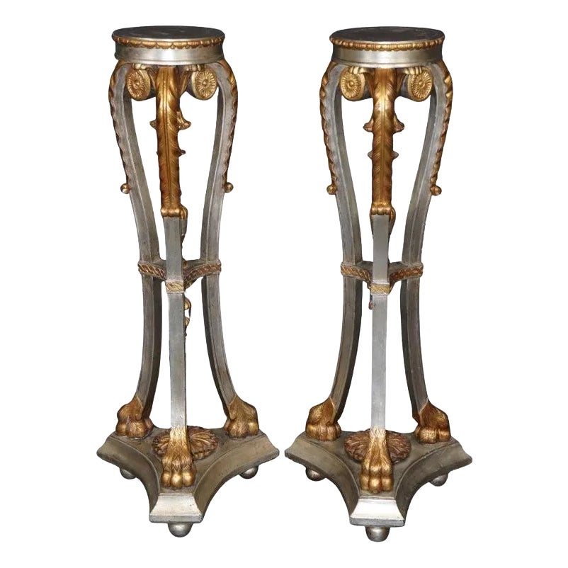 Pair Silver and Gold Leaf Carved Walnut French Louis XV Style Pedestals ...