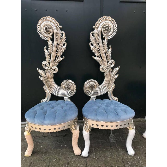 Italian Rococo Side Chairs in Silver Beech With Blue Velvet - a Pair ...