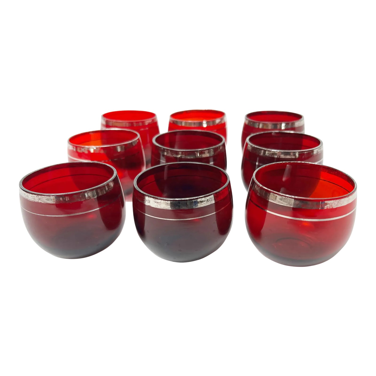 Mid Century Ruby Red Roly Poly Cocktail Glasses - 9 Pieces | Chairish