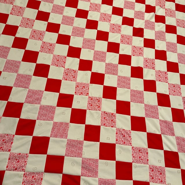Vintage Knit Red Cream Floral Diamond Checkerboard Quilt Top | Chairish