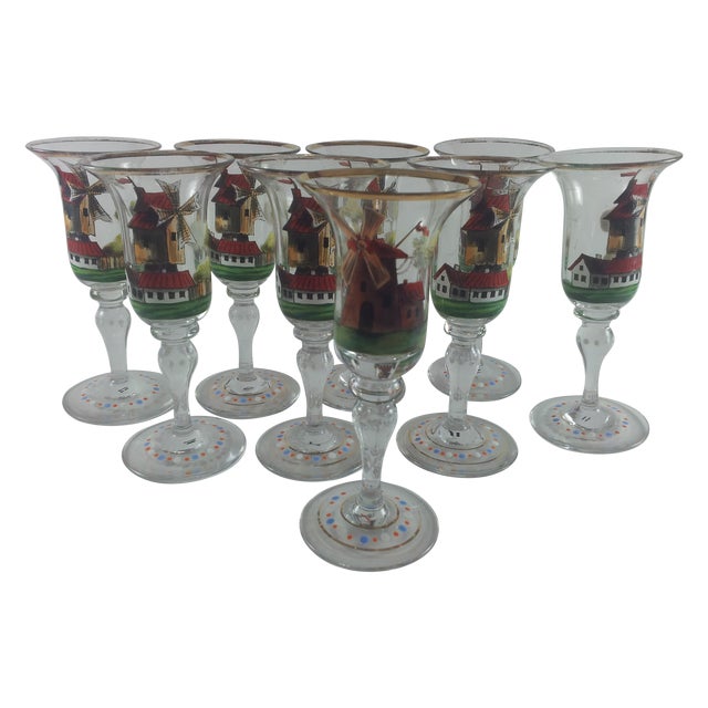 Dutch Enameled Cordial Goblets Windmills Set of 9 | Chairish