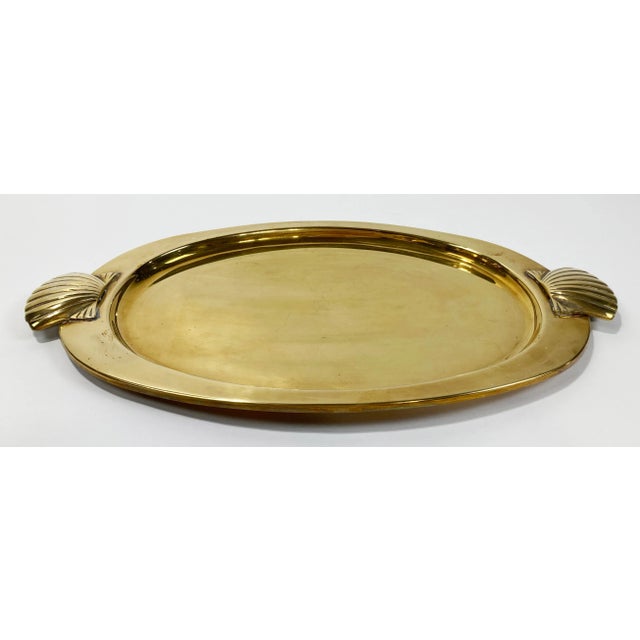Vintage Brass Oval Shell Motif Handled Tray | Chairish