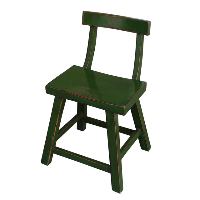 Distressed Grass Green Short Chair Wood Stool With Back | Chairish
