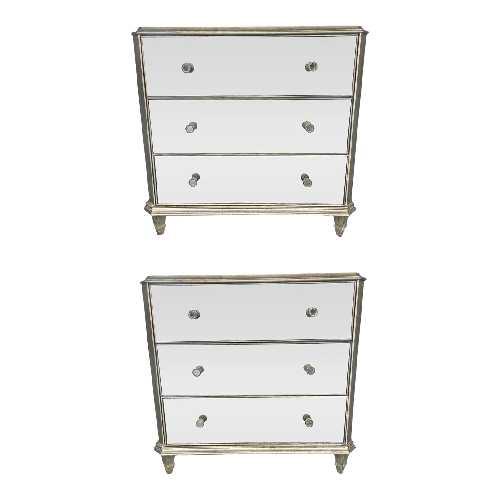 Set of Two Mirrored Glass Three Drawer Chests | Chairish