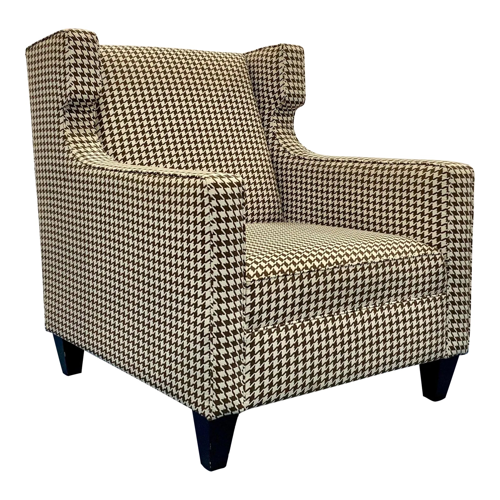 Modern Chocolate Brown and White Houndstooth Winged Club Chair | Chairish