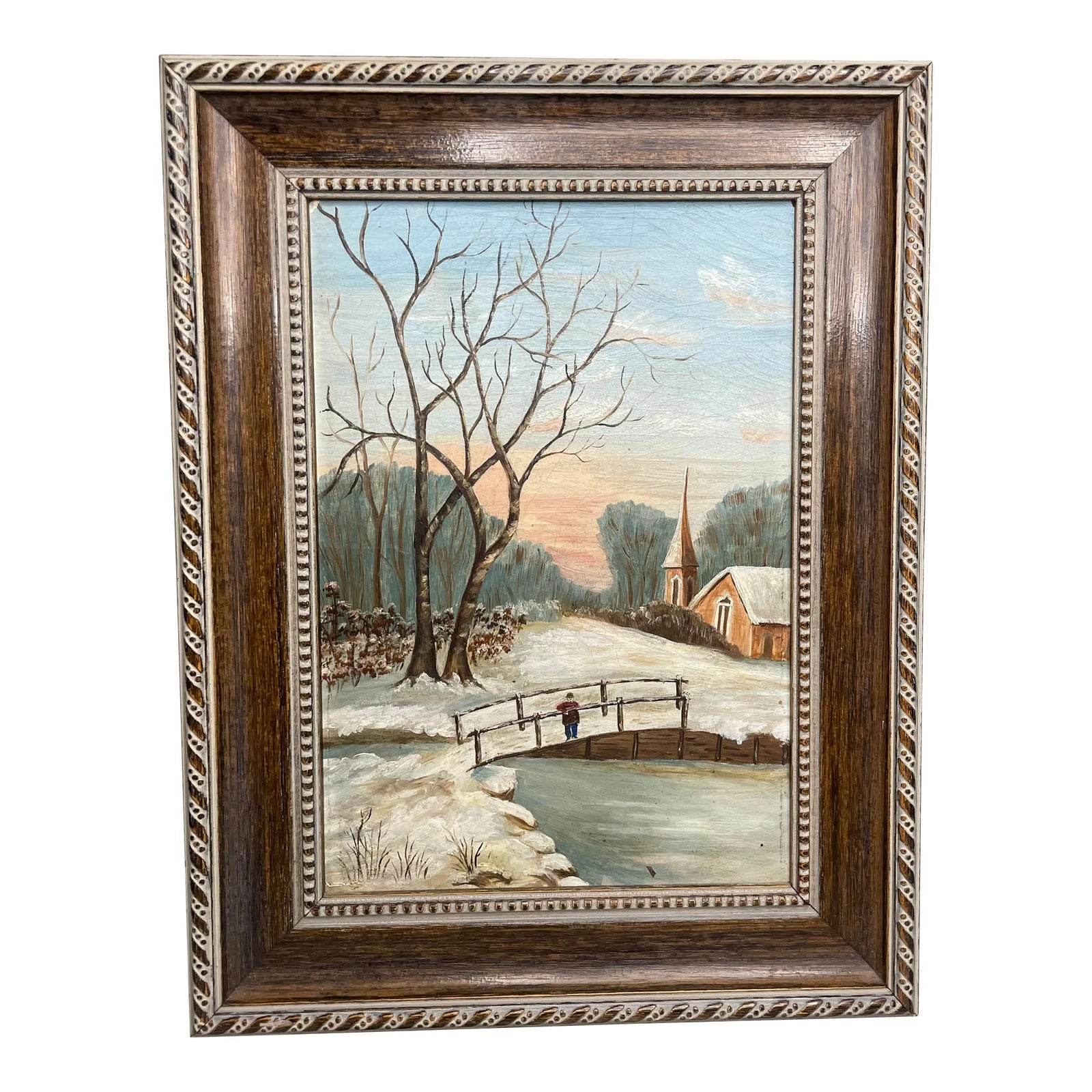 Vintage "Snowy Day" Oil Painting on Canvas, in Blues, Silvery Greens ...