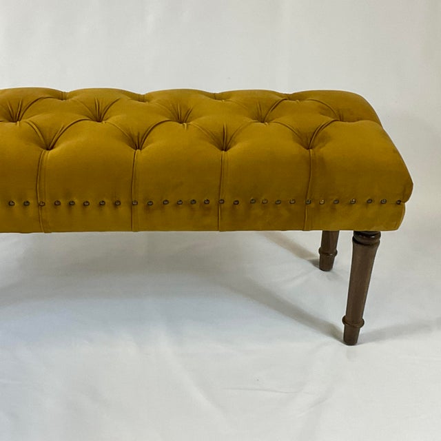 Vintage Traditional Tufted Velvet Bench in Mustard With Nailhead ...