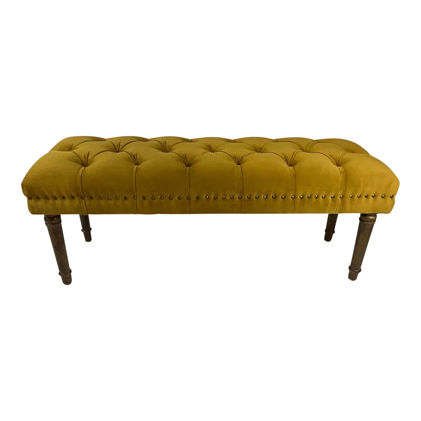 Vintage Traditional Tufted Velvet Bench in Mustard With Nailhead ...