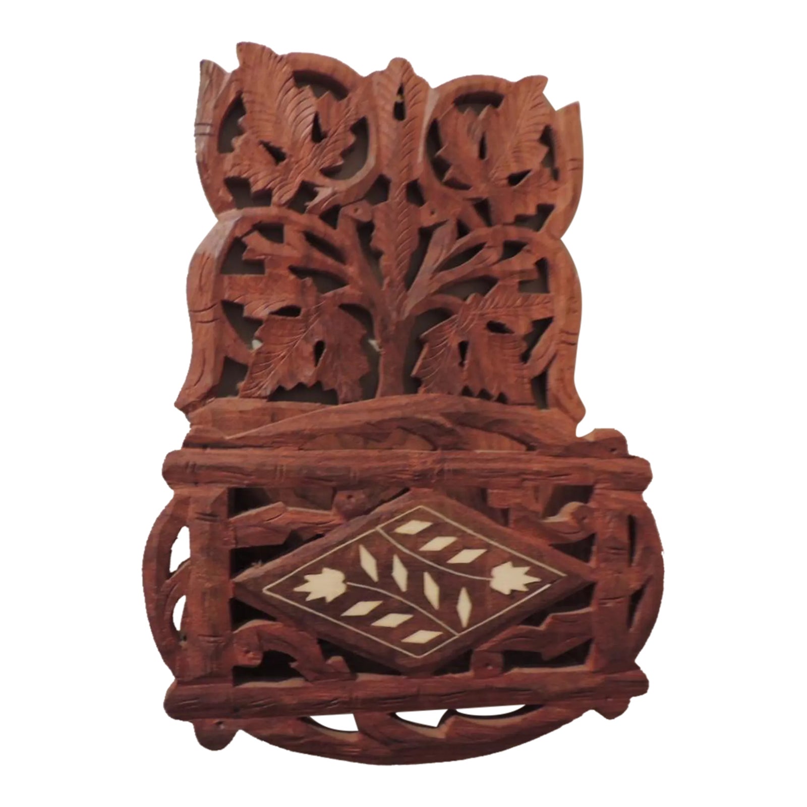 Petite Wood Carved Vintage Wall Shelf With Inlaid Camel Bone Details ...